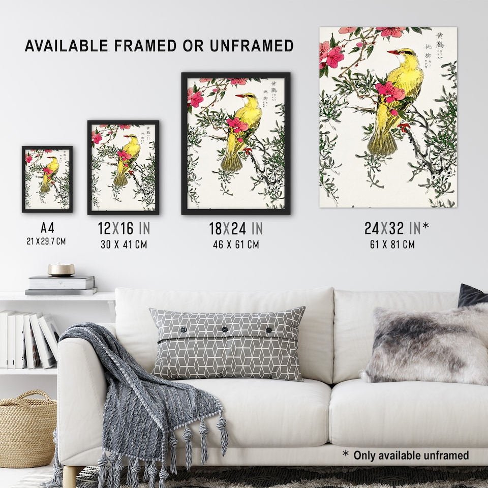 Bush Warbler and Drooping Peach Tree Vintage Wall Art Print Kashu 12x16 ...