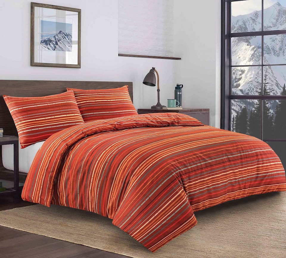 Homes Linen Duvet Cover Set Leon Red Stripe Lines Printed Easy Care ...