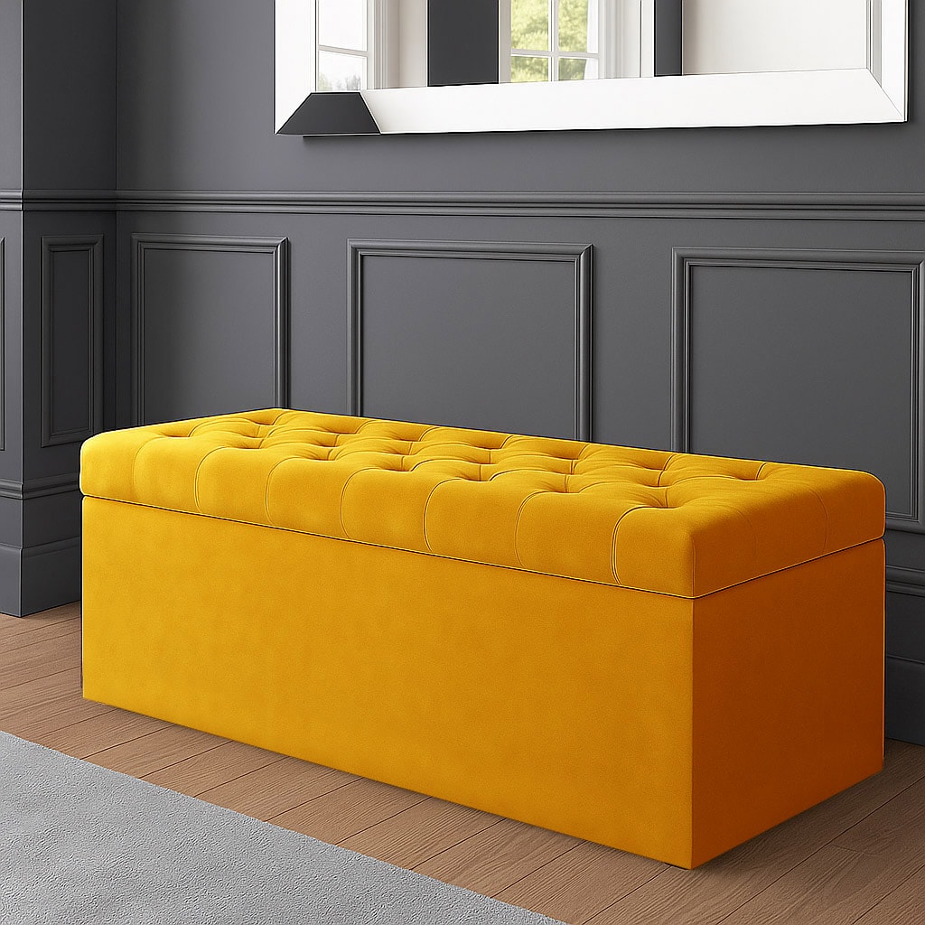 120cm SD Ottoman Storage Box, Mustard Gold Velvet Upholstered ...
