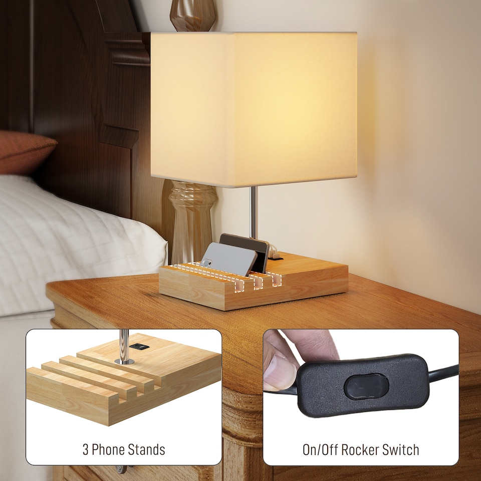 HOMCOM Bedside Lamp with USB A C Charging Ports and 3 Phone Stands ...
