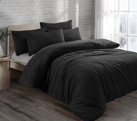 Homes Linen Teddy Fleece Black Duvet Cover Set with Pillowcases Thermal ...