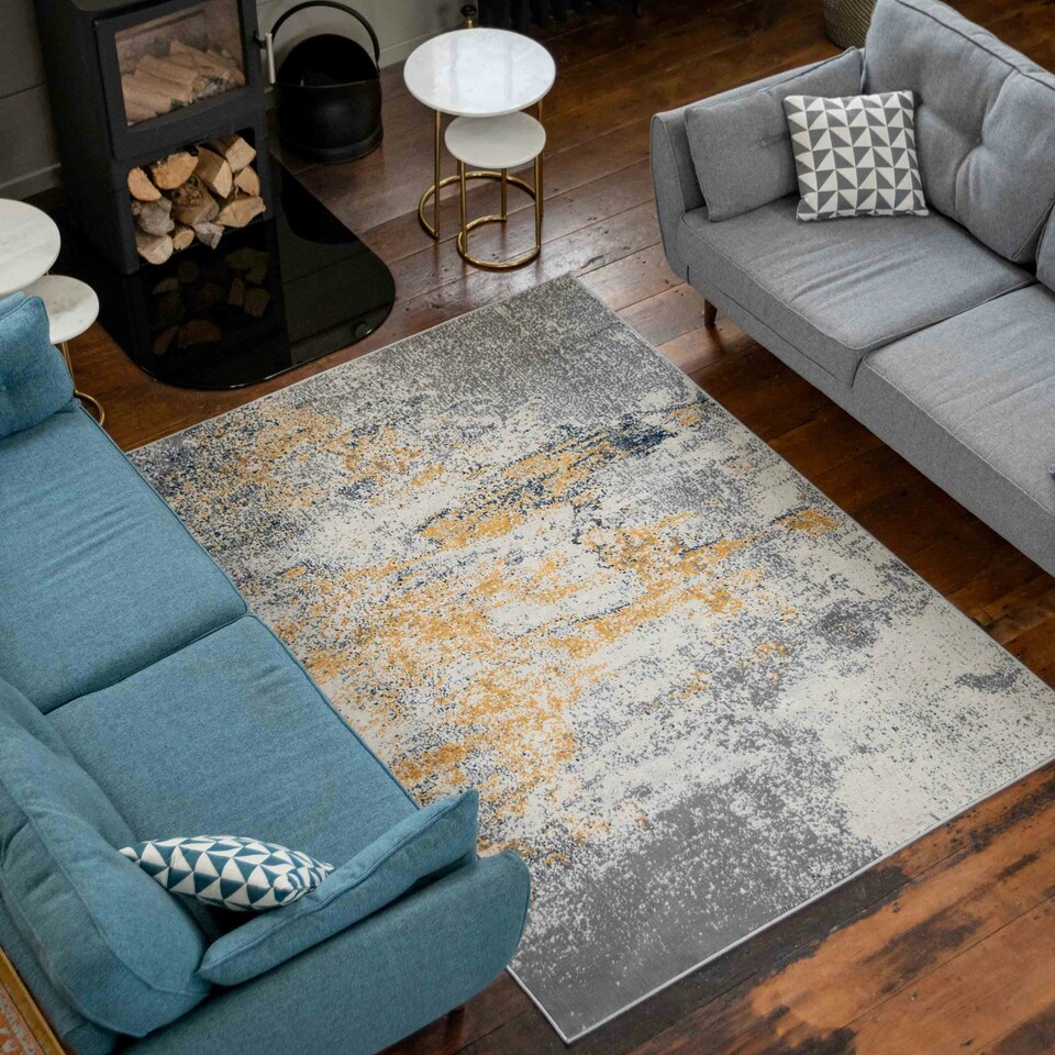 KUKOON Grey Ochre Yellow Distressed Abstract Living Area Rug 60cm x ...