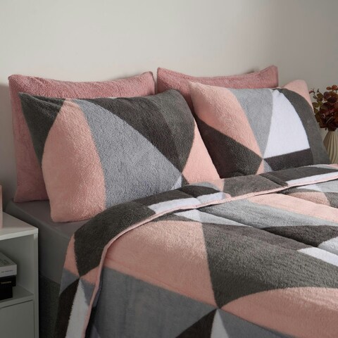 OHS Coverless Reversible Geo Soft Teddy 10.5 Tog Duvet And Pillowcase ...