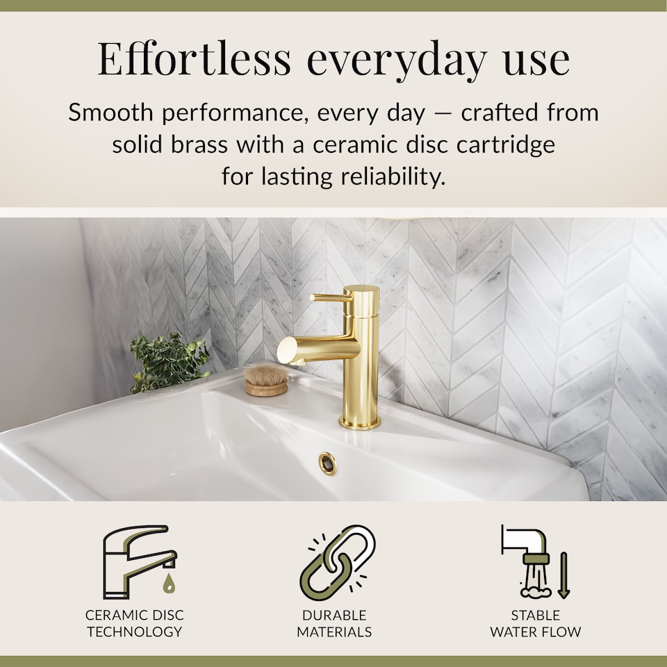 Bathroom Mono Basin Mixer, Push Button Waste, Brushed Brass, 52mm ...