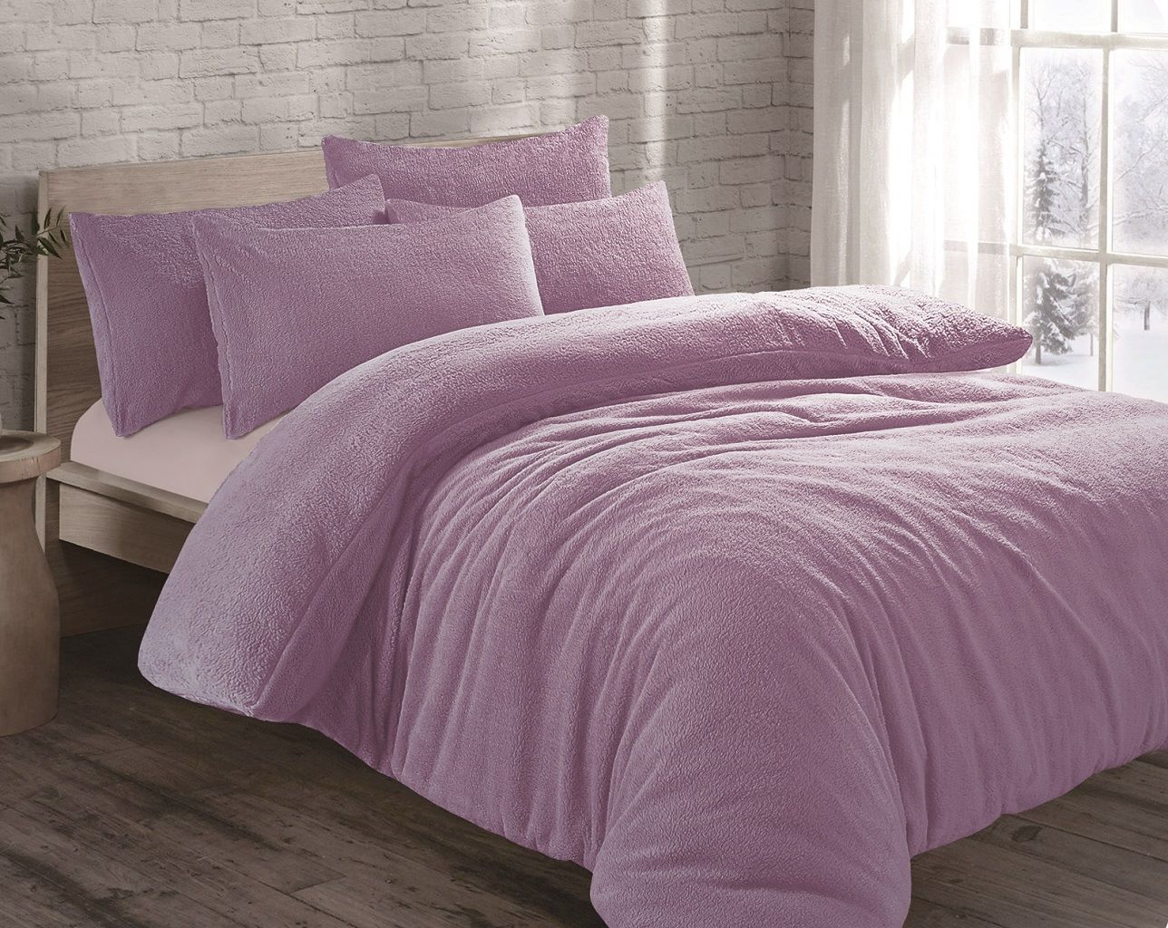 Homes Linen Teddy Fleece Lilac Duvet Cover Set with Pillowcases Thermal ...