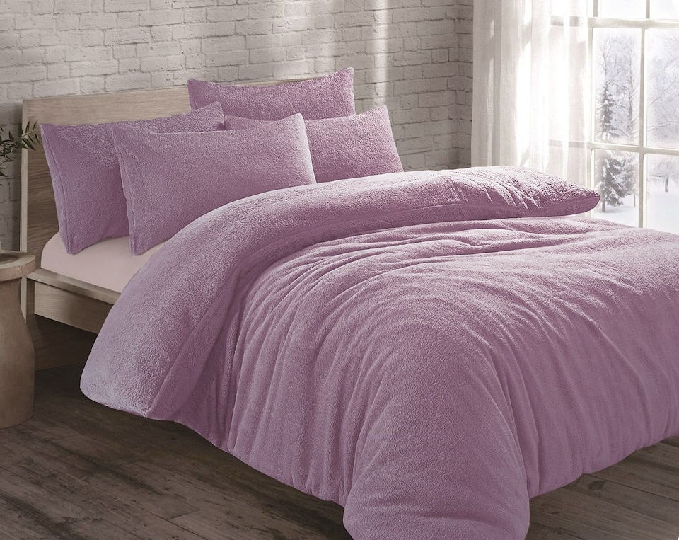 Homes Linen Teddy Fleece Lilac Duvet Cover Set with Pillowcases Thermal ...