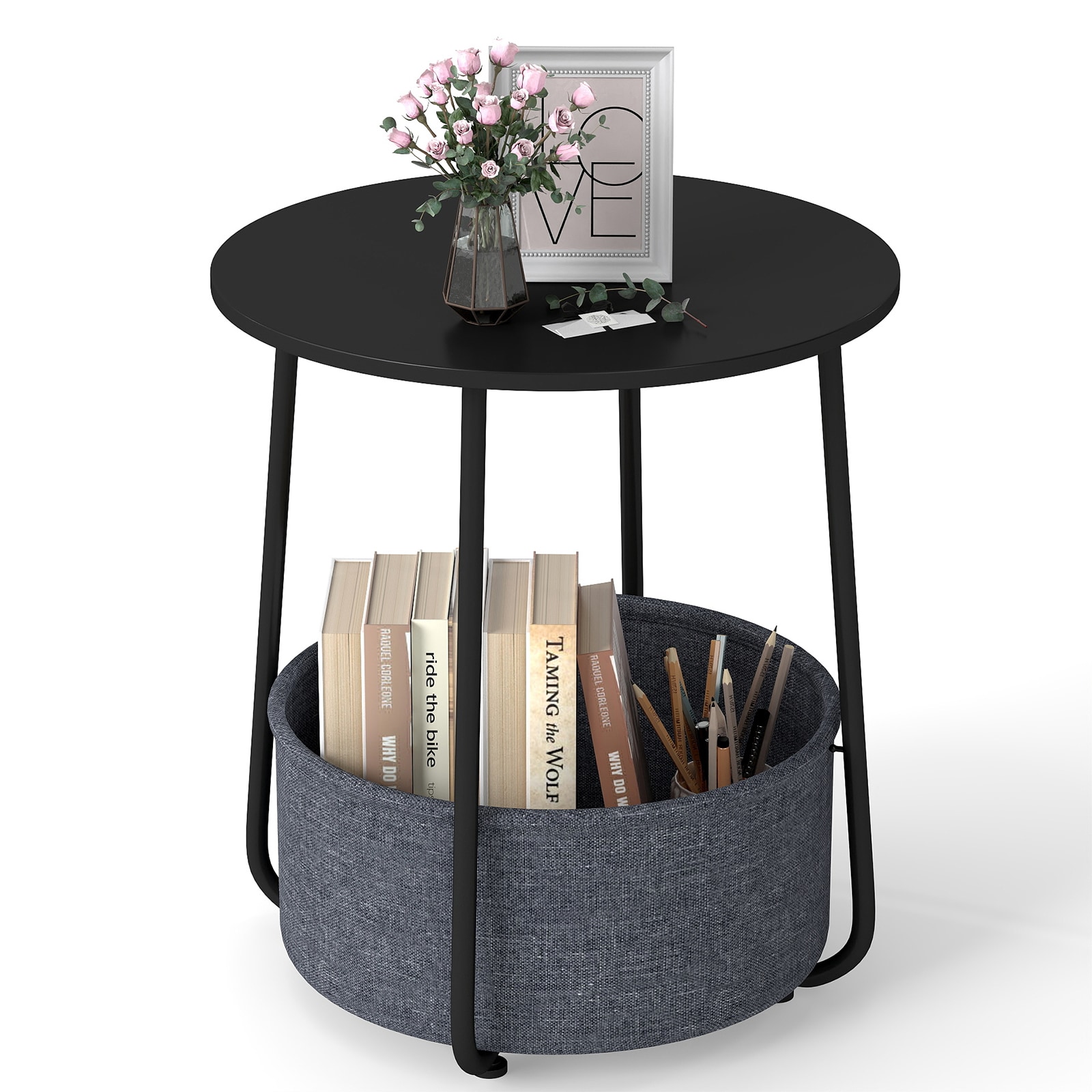COSTWAY Round Side Table 2 Tier End Table with Fabric Storage Basket ...