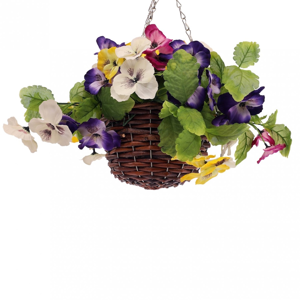 Artificial Hanging Wicker Basket with Multicoloured Pansy Flowers ...