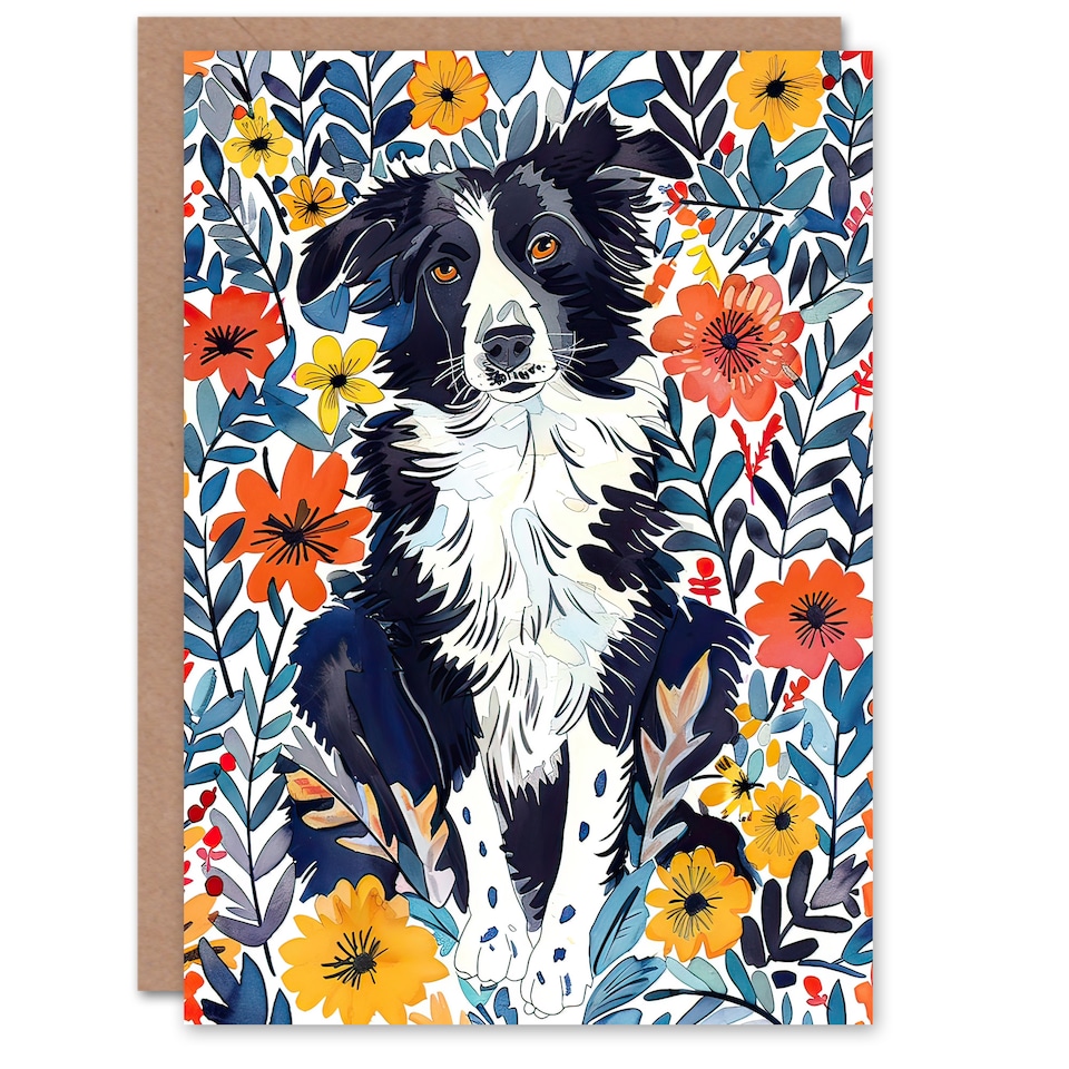 Greeting Card Border Collie Flower Field Dog Lover Watercolour - Tesco ...