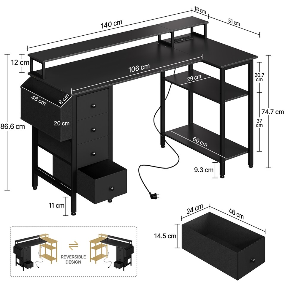 Yaheetech 140 cm L-shaped Computer Desk with Charging Station-Black ...