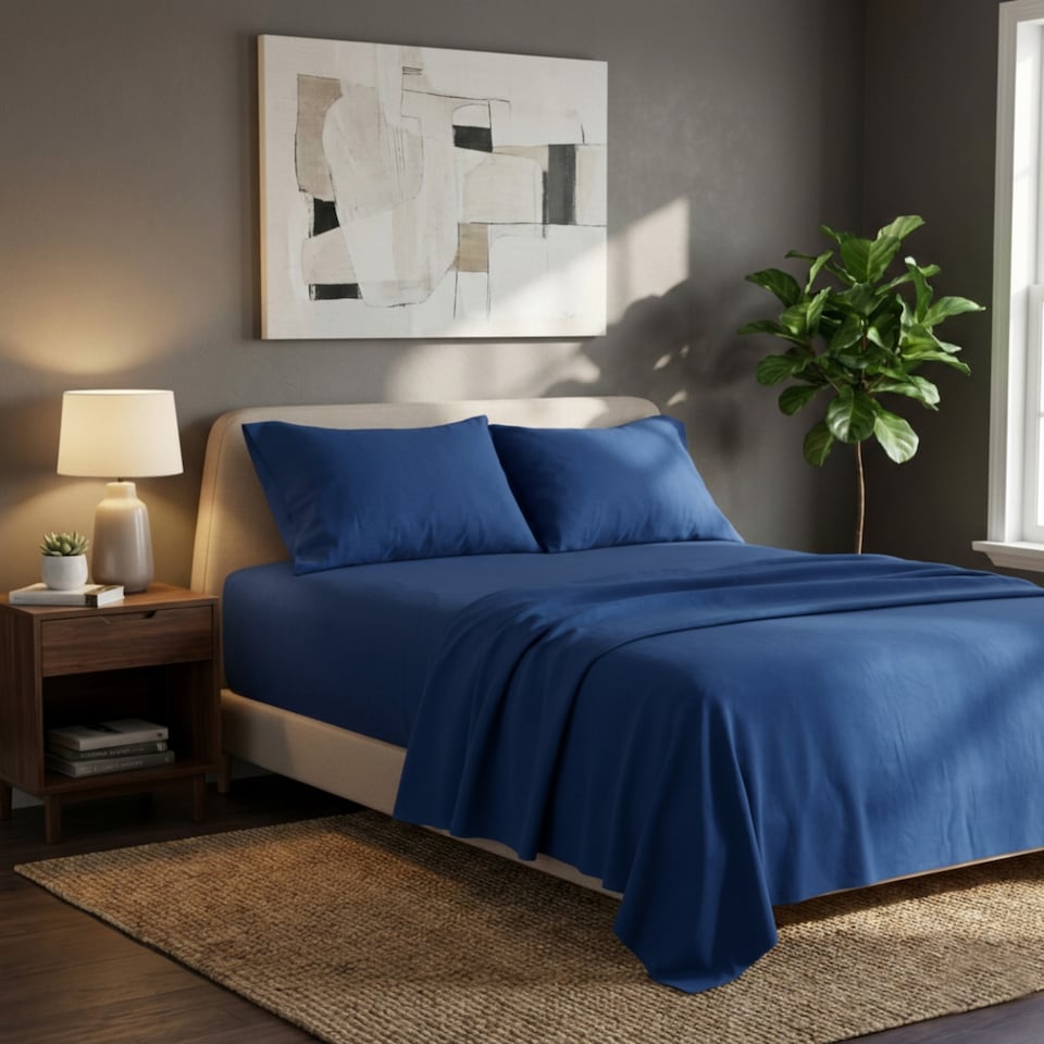 Soft Plain Brushed Cotton Fitted Flat Sheet Matching Pillowcases Set ...