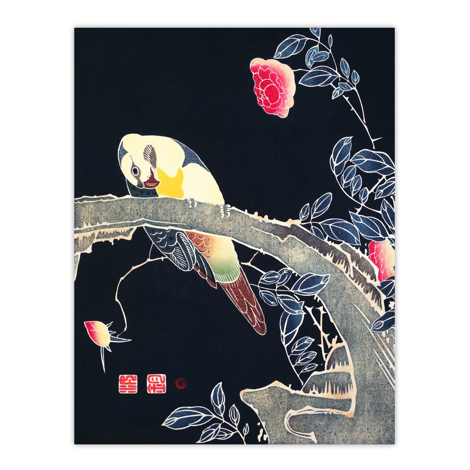 Parrot Rose Flower Bush Japanese Vintage Wall Art Print Jakuchu 18x24 ...