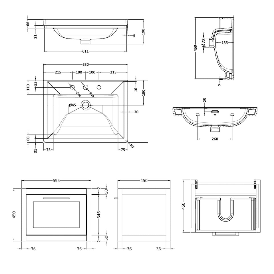 Wall Hung 1 Drawer Vanity Unit & 3TH Fireclay Basin, 600mm, Green ...