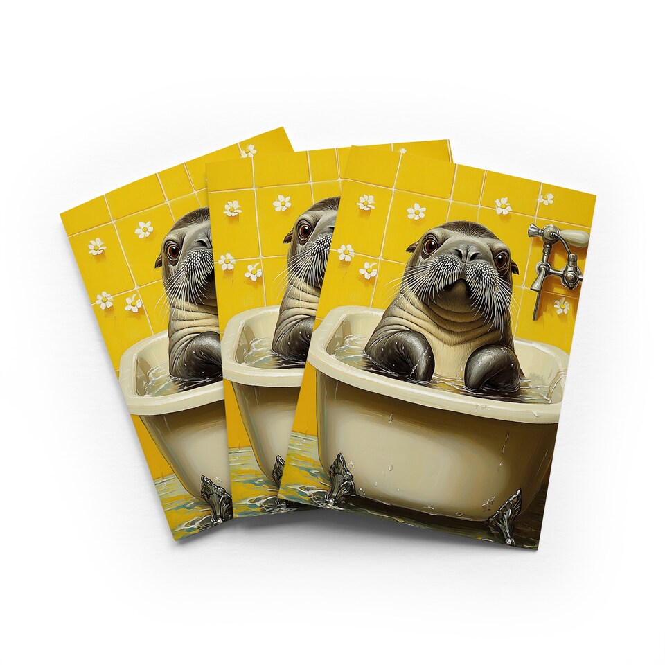 Cute Walrus Bathtub Greeting Card Bathroom Animal Any Occasion Set of 3 ...
