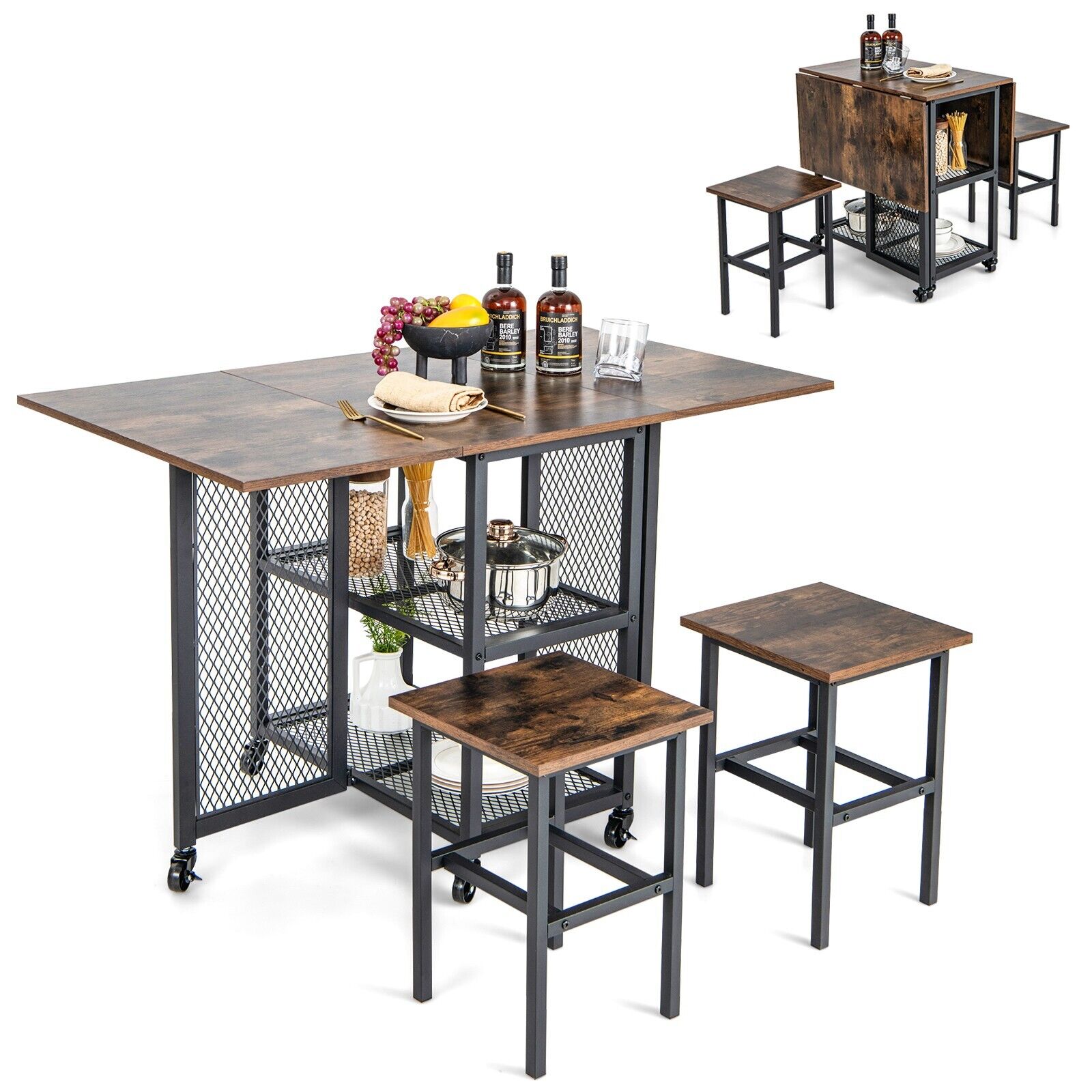 COSTWAY 3-Piece Foldable Dining Table Set Brown - Tesco Groceries