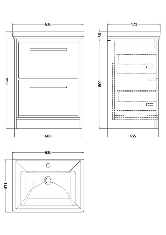Bathroom Floor Standing 2-Drawer Vanity, Fireclay Basin, Grey, 600mm ...