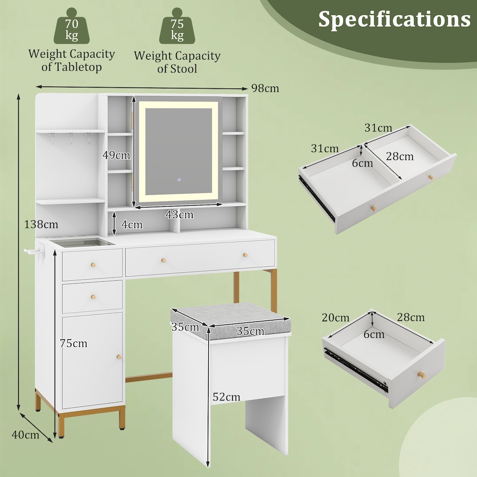 COSTWAY Makeup Vanity Desk Dressing Table & Stool Set White - Tesco ...