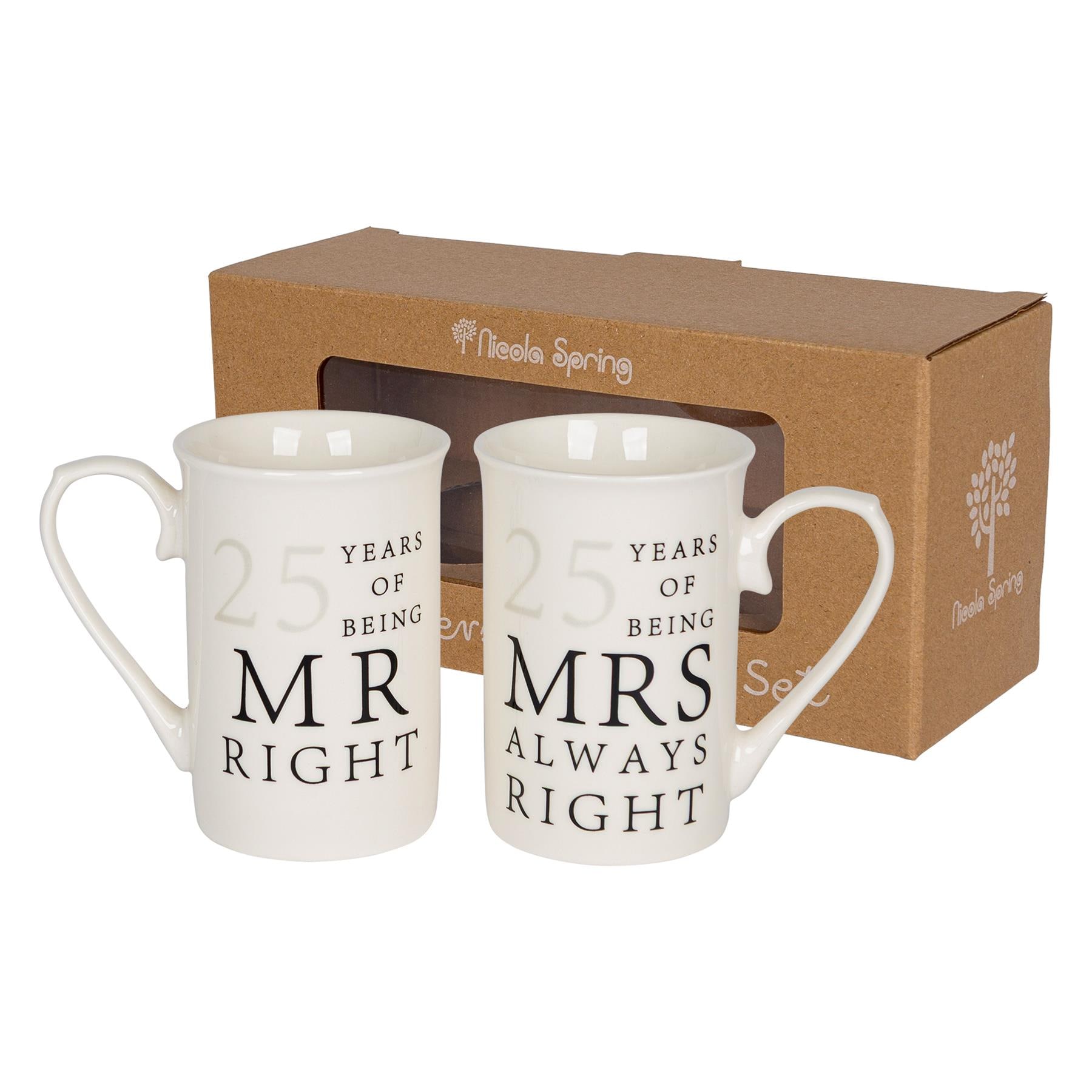 Nicola Spring 25th Anniversary Coffee Mug Set - 300ml 2x New Bone China ...