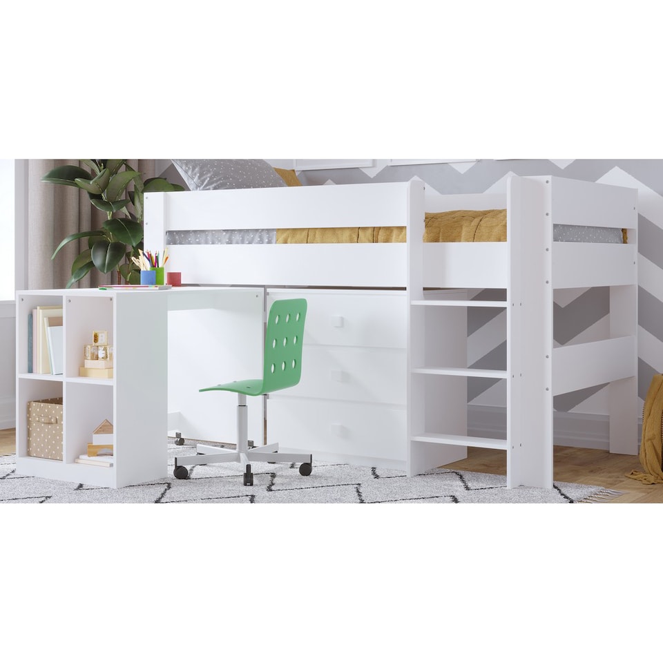 Mid-Sleeper Bed with Pull-Out Desk & Drawer Unit - White - Assembly ...