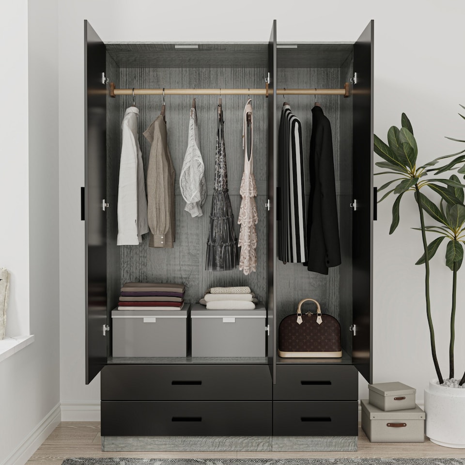 3 Door 4 Drawer Wardrobe With Hanging Rail And Storage Shelf | Grey ...