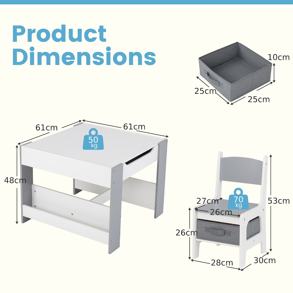 COSTWAY Kids Table and 2 Chairs Set Multifunctional Gray - Tesco Groceries