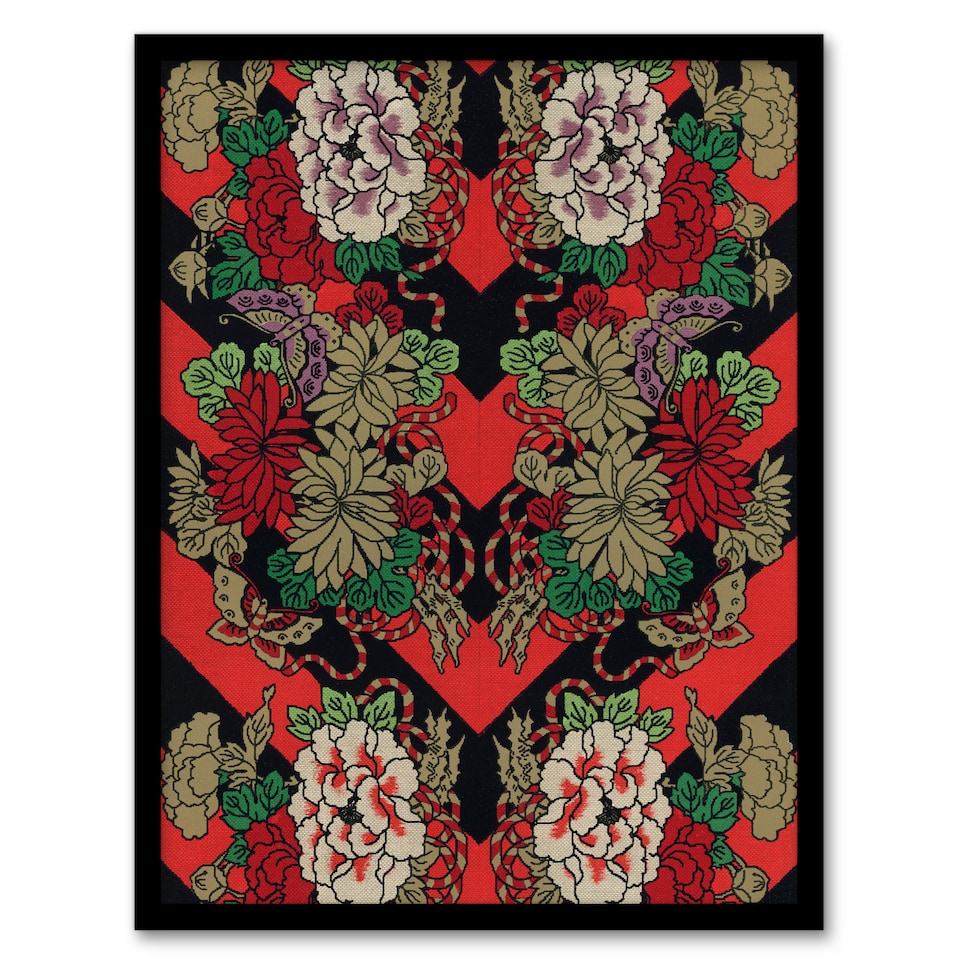 Japanese Red Fan Floral Pattern Audsley Vintage Framed Wall Art Print ...