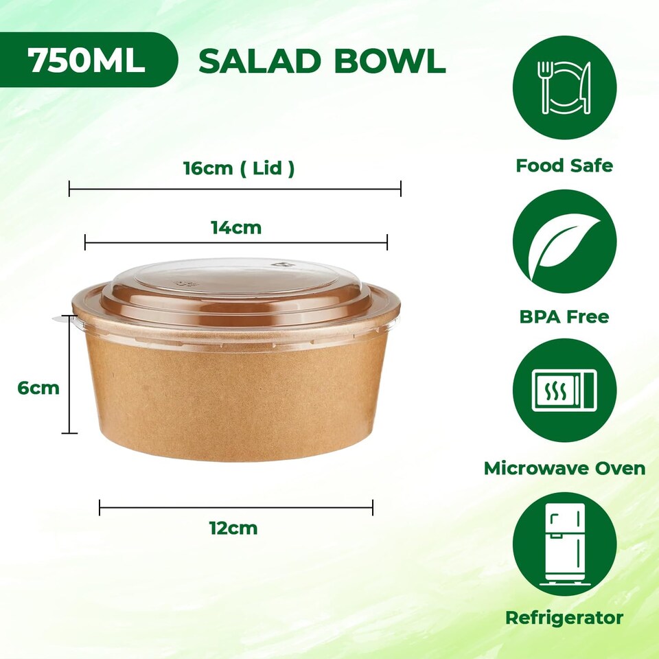 ECONX 26oz 750ml Salad Paper Bowls with Lids Disposable Takeaway Bowls ...