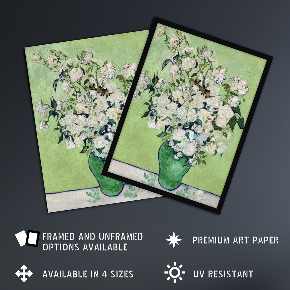 White Roses In Green Vase Van Gogh Vintage Framed Wall Art Print 12X16 ...