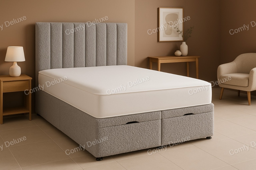 5FT Kingsize Silver Teddy Boucle Fabric Foot Lift Ottoman Divan Bed Set ...