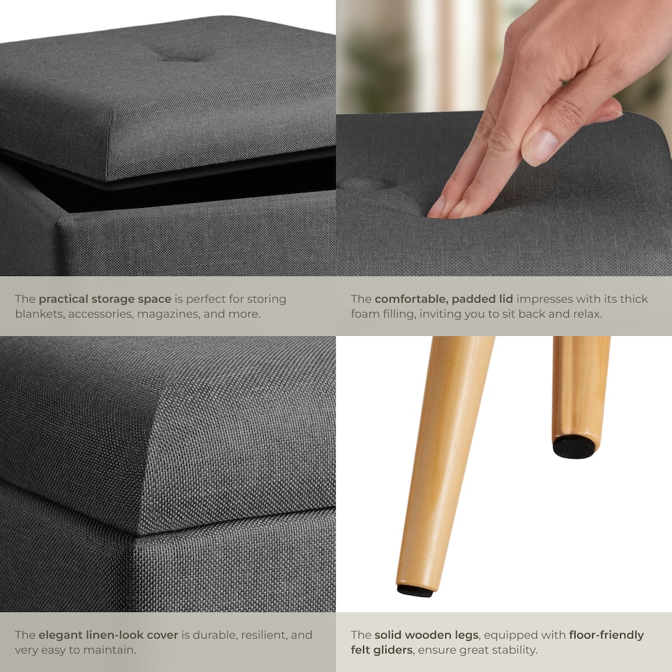 Stool Elva - padded, linen look with storage space | Grey | dark grey ...