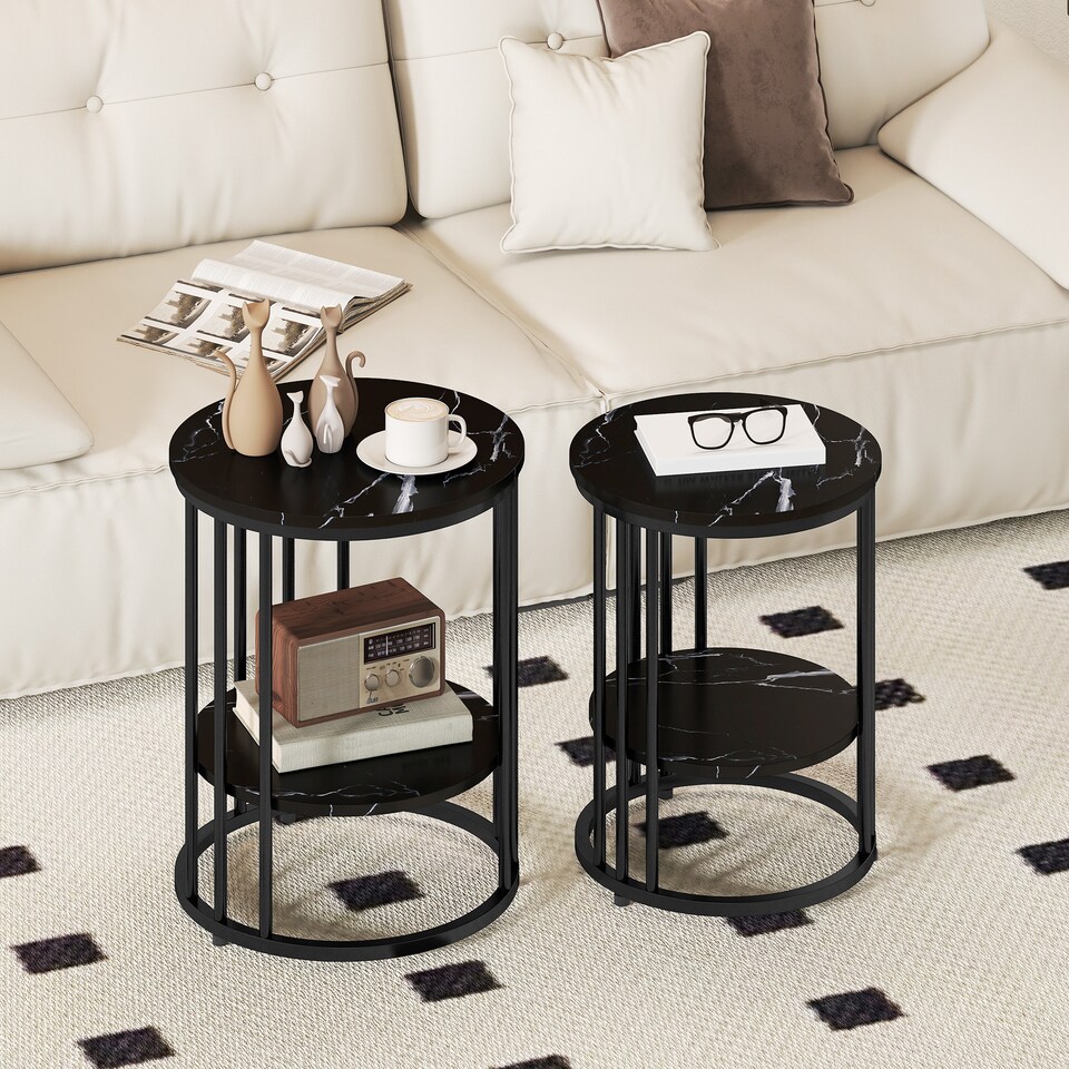 HOMCOM Round Coffee Table Set of 2, Marble-Effect Side Tables with ...