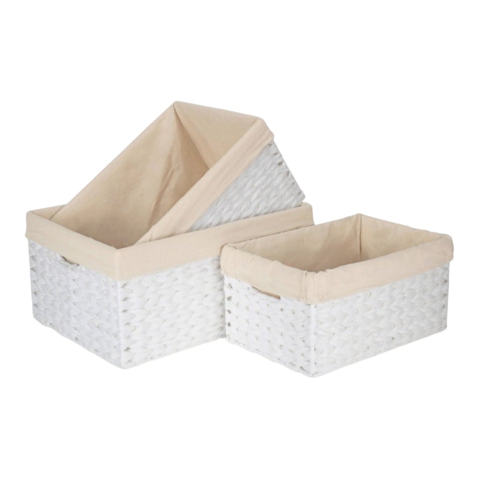 Set of 3 Paper Rope Rectangular Storage Basket with White Cotton Lining ...