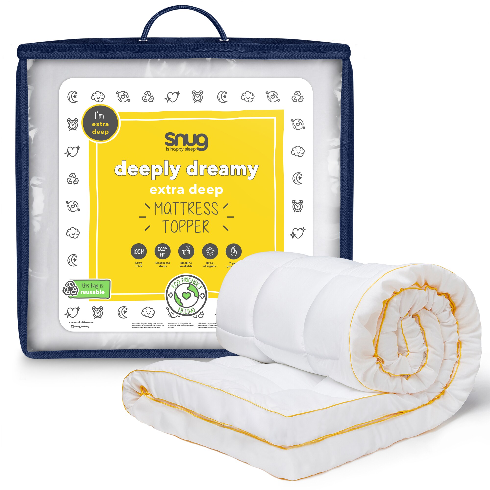 Snug Deeply Dreamy Extra Deep Mattress Topper, 10 cm Thick | White | 1 ...