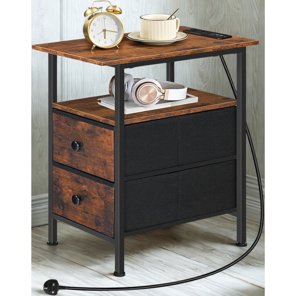 Industrial Nightstand Side End Table With Charging Station and Drawers ...