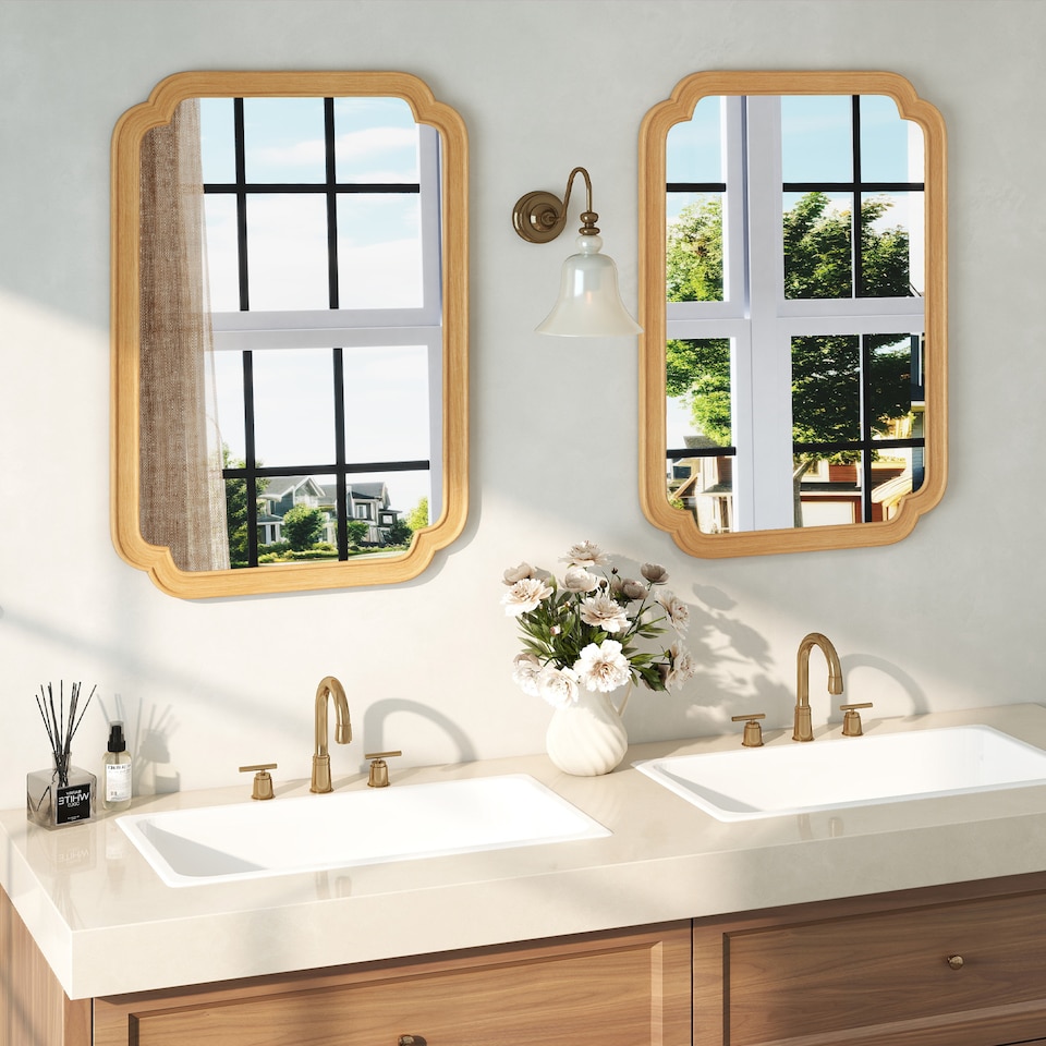 COSTWAY Rounded Corner Wall Mirror 90x60 cm Farmhouse Decorative Mirror ...