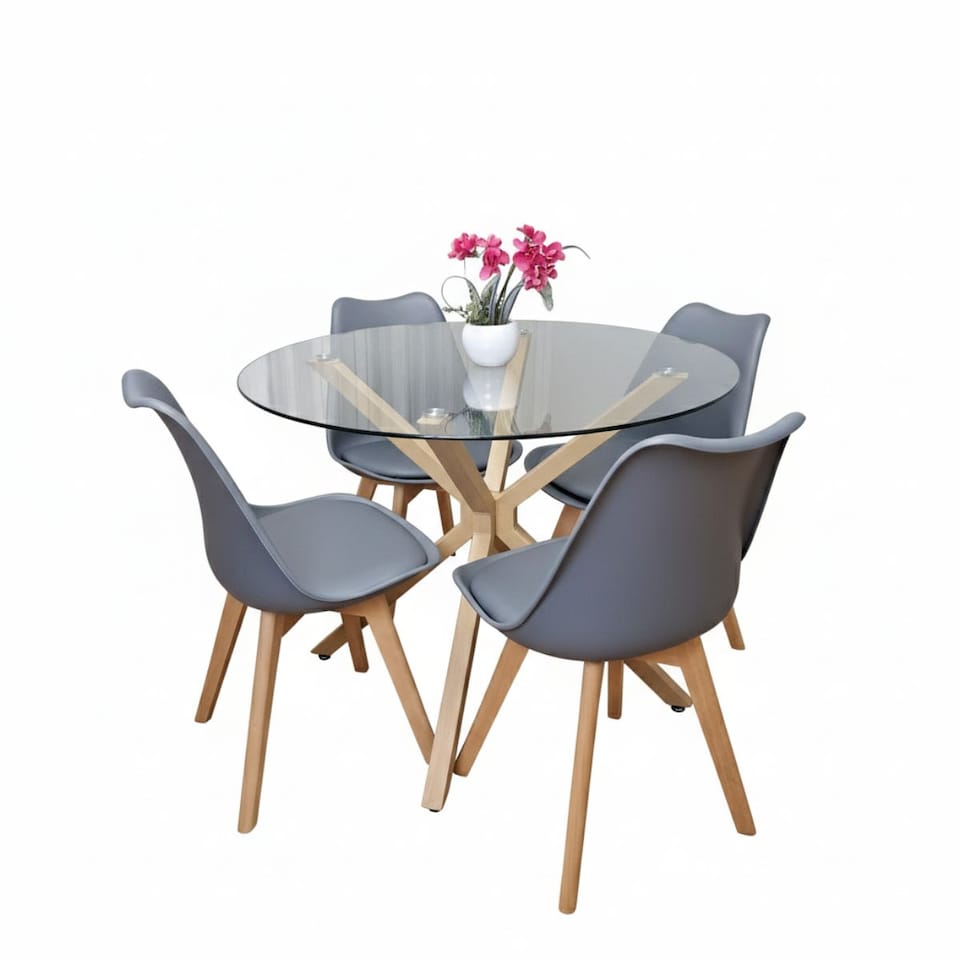 Kosy Koala Round Glass Dining Table Set With 4 Grey Plastic Chairs ...