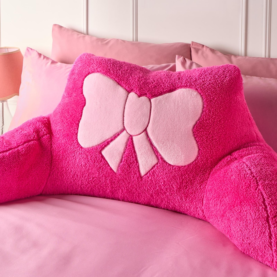 OHS Embroidered Bow Cuddle Cushion Teddy Fleece Reading Pillow | Pink ...