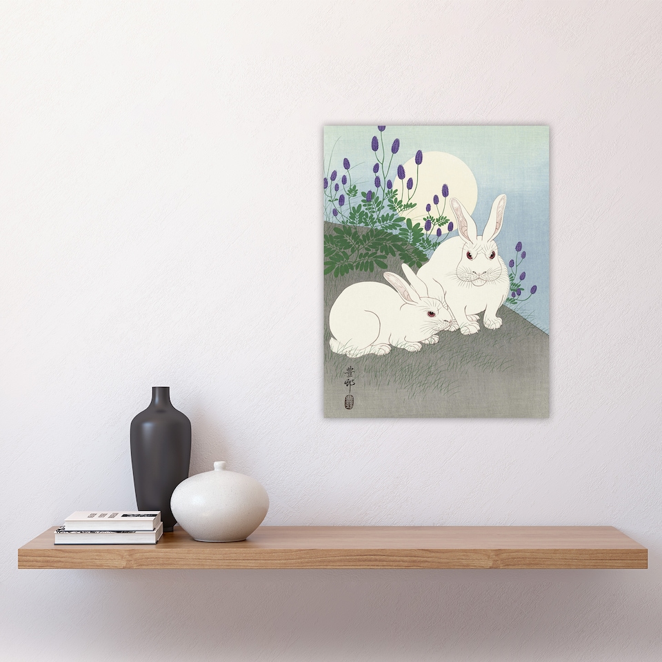 Two Rabbits At Full Moon Vintage Japan Wall Art Print Ohara Koson 12x16 ...