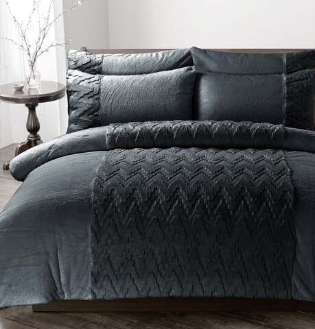 Homes Linen Amari Teddy Fleece Charcoal Duvet Cover Set with ...