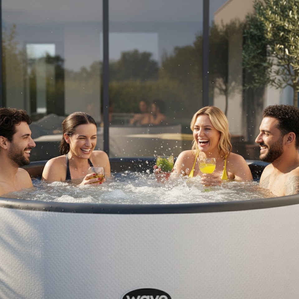 Wave Ontario 6 Person Drop Stitch Inflatable Hot Tub, Herringbone White ...
