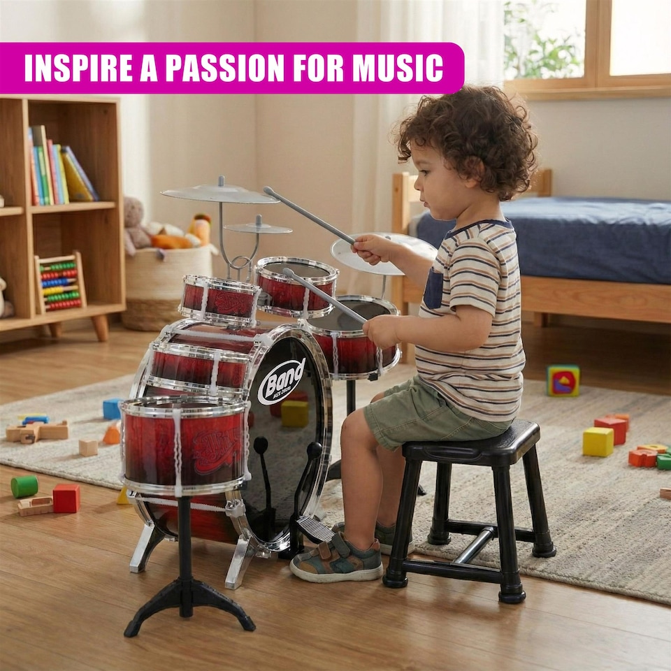 The Magic Toy Shop Large Kids Drum Kit Red Black Junior Jazz Percussion ...