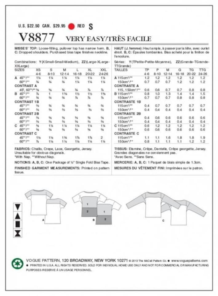 Vogue 8877 Paper Sewing Pattern – Women’s Top, Sizes L–XL–XXL, Easy ...