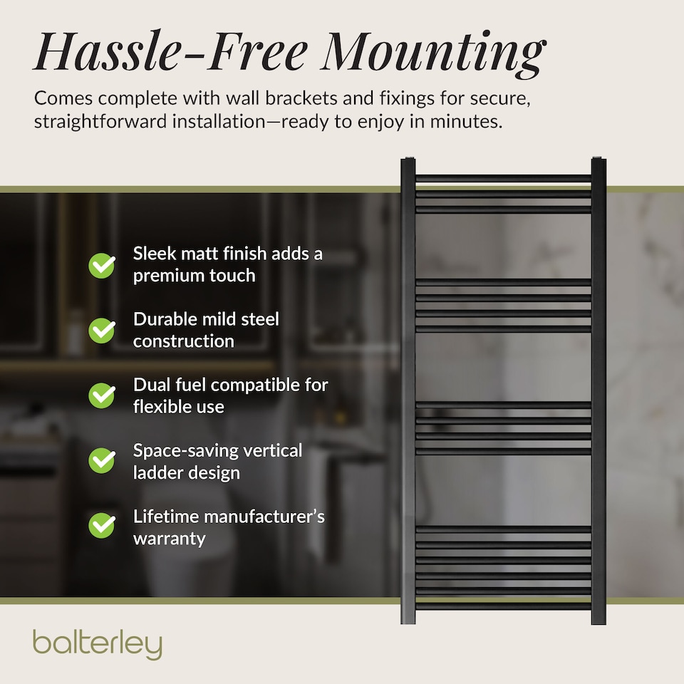 Straight Heated Towel Rail Radiator, 768W, 600 x 1100mm, Matt Black ...