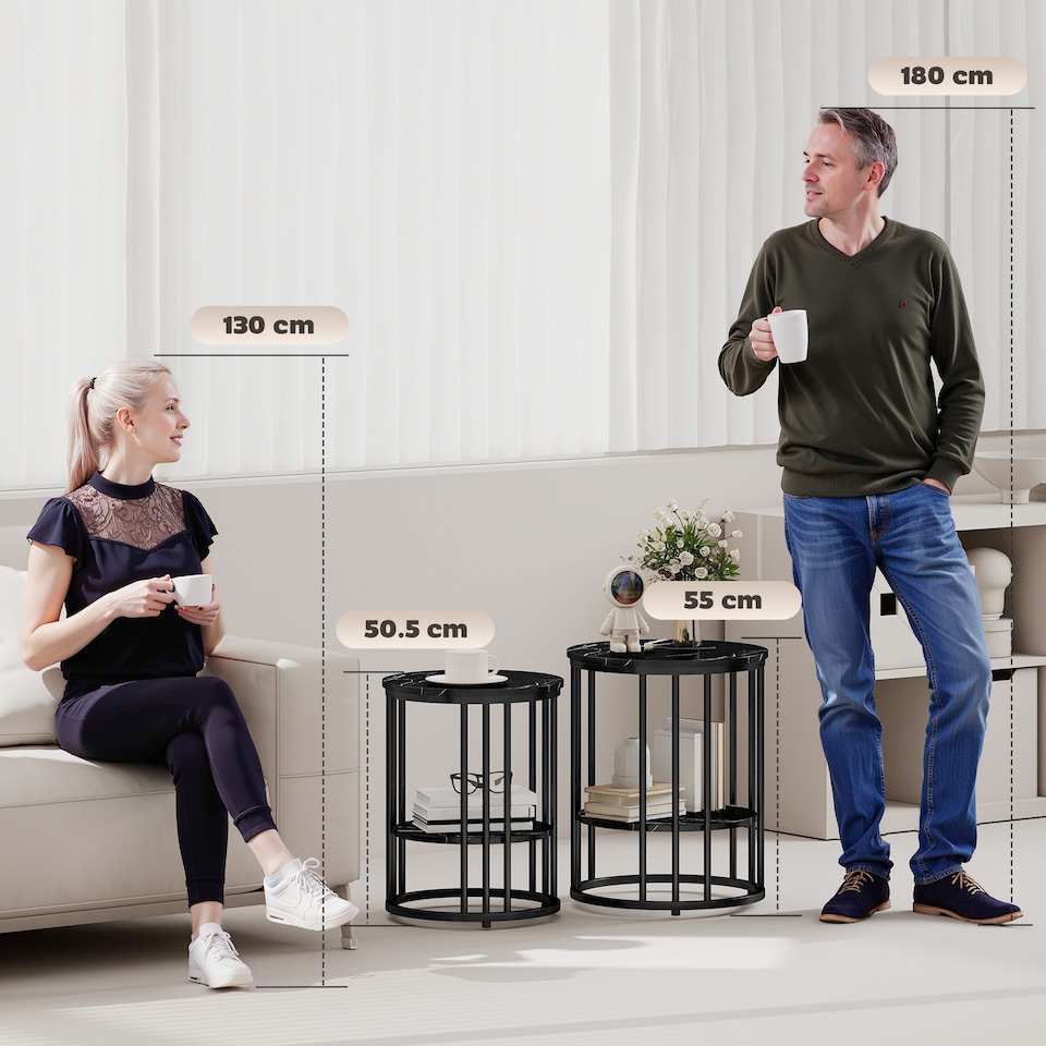 HOMCOM Round Coffee Table Set of 2, Marble-Effect Side Tables with ...