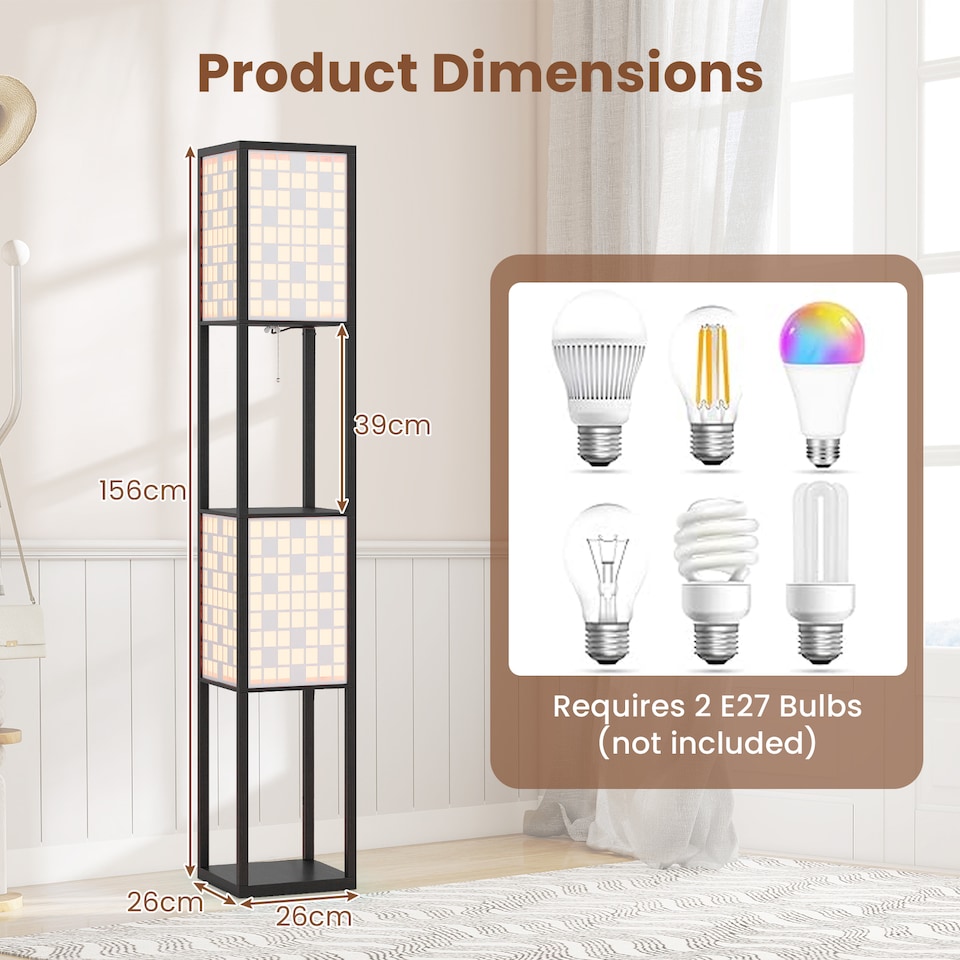 COSTWAY 2 Light Floor Lamp Wooden Shelf Lamp with Shelves Black - Tesco ...