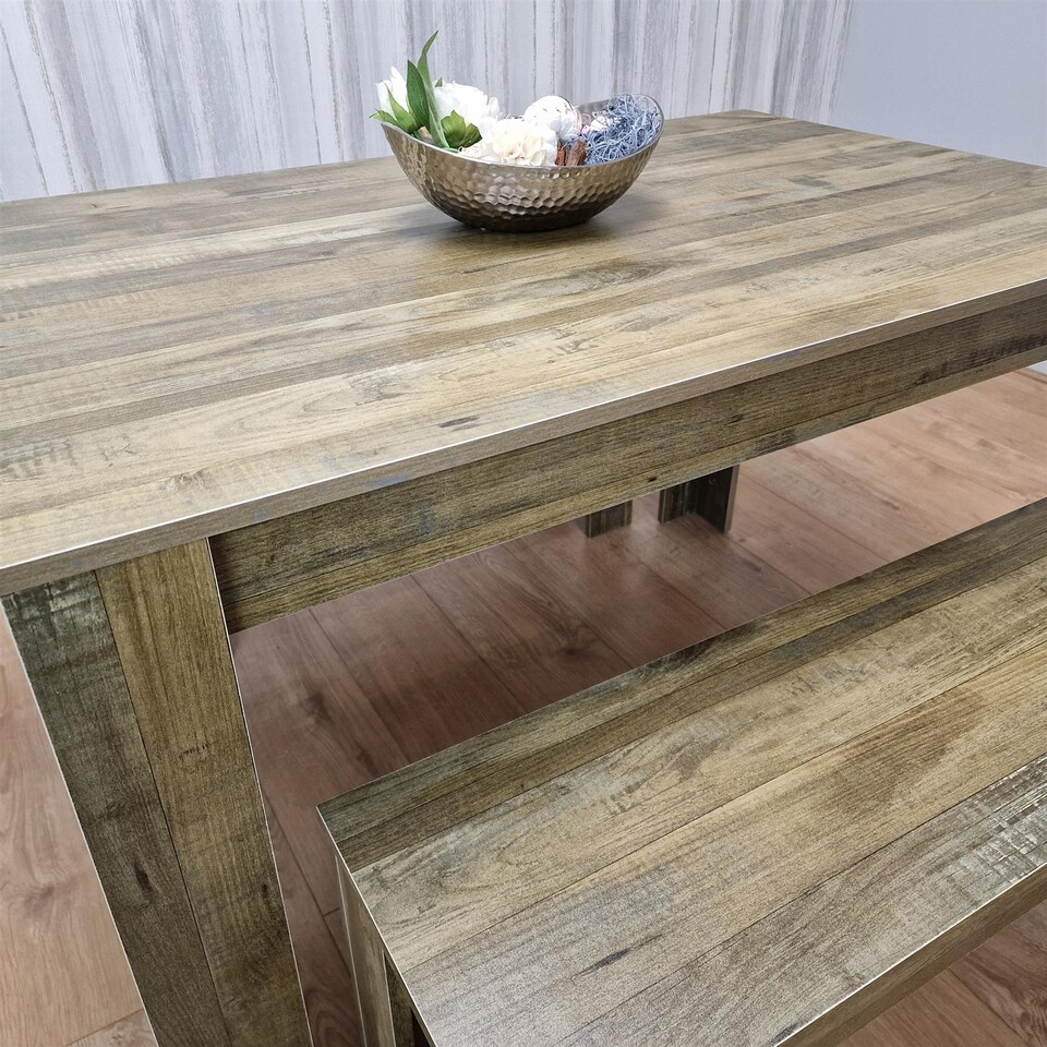 Rustic Effect Dining Table with 2 Benches Wooden Dining Set - Tesco ...