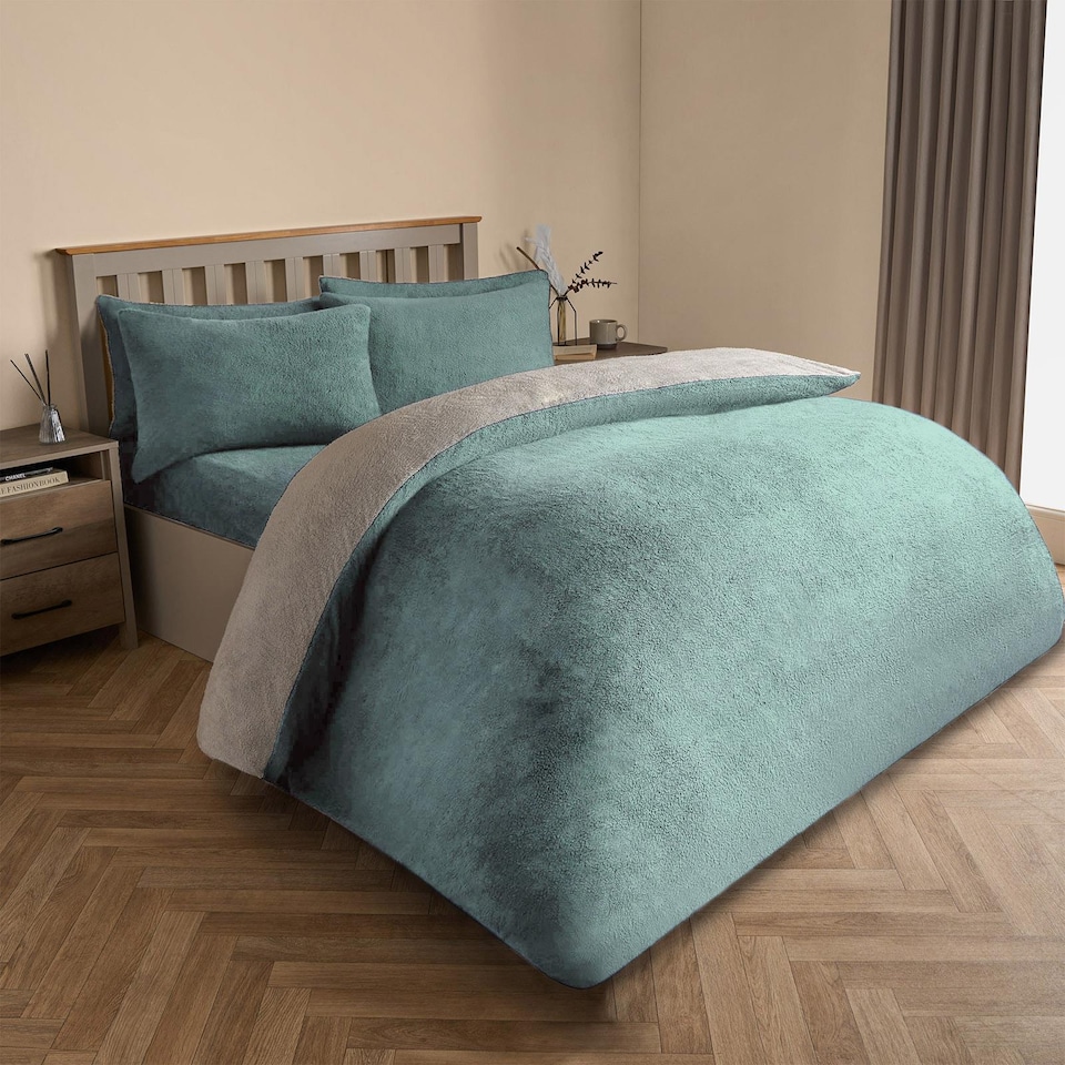 OHS Reversible Teddy Duvet Cover with Pillowcase | Blue | Duck Egg ...