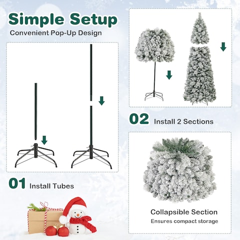 COSTWAY 7FT Pre-Lit Artificial Christmas Tree Pop up Snow Flocked Xmas ...