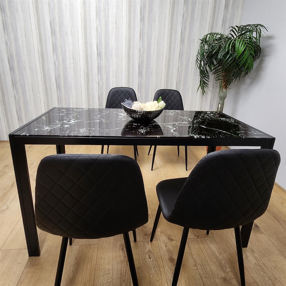 Black Glass Dining Table with 4 Black Chairs - Dining Kitchen Room ...