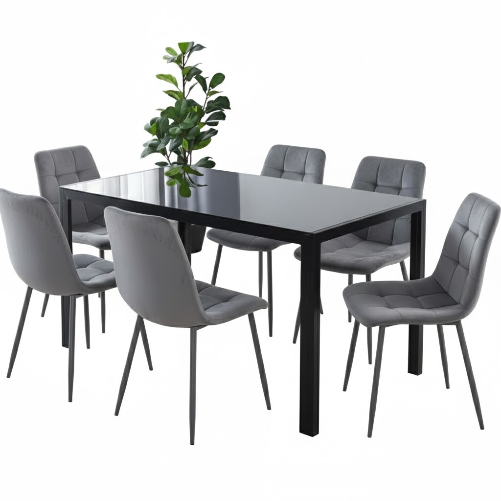 Modern Black Glass Dining Table Set with 6 Grey velvet Chairs Dining ...